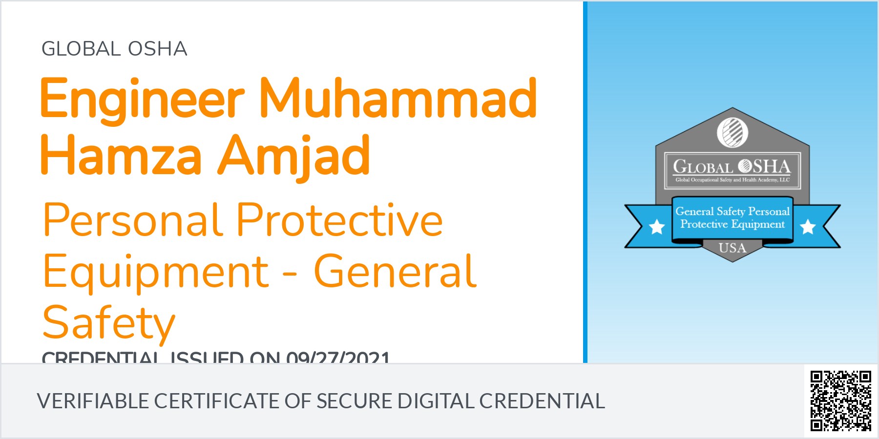 Engineer Muhammad Hamza Amjad - Personal Protective Equipment - General Safety - Badge List